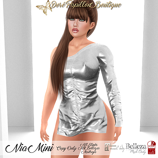Second Life Marketplace - DPB Nia Mini - Latex Silver *Maitreya, Slinks & Bellezas*